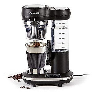 PowerXL Grind & Go, Automatic Single Serve Coffee Maker with Grinder Built-in and 16 oz. Travel Mug, Single Cup Drip Coffee Machine, Stainless Steel Blades, CL-004, Black