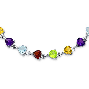 Romantic Natural Multicolor Citrine, Peridot, Garnet, Aquamarine, & Amethyst Heart Shape Gemstone Tennis Bracelet For Women .925 Sterling Silver 7 Inch