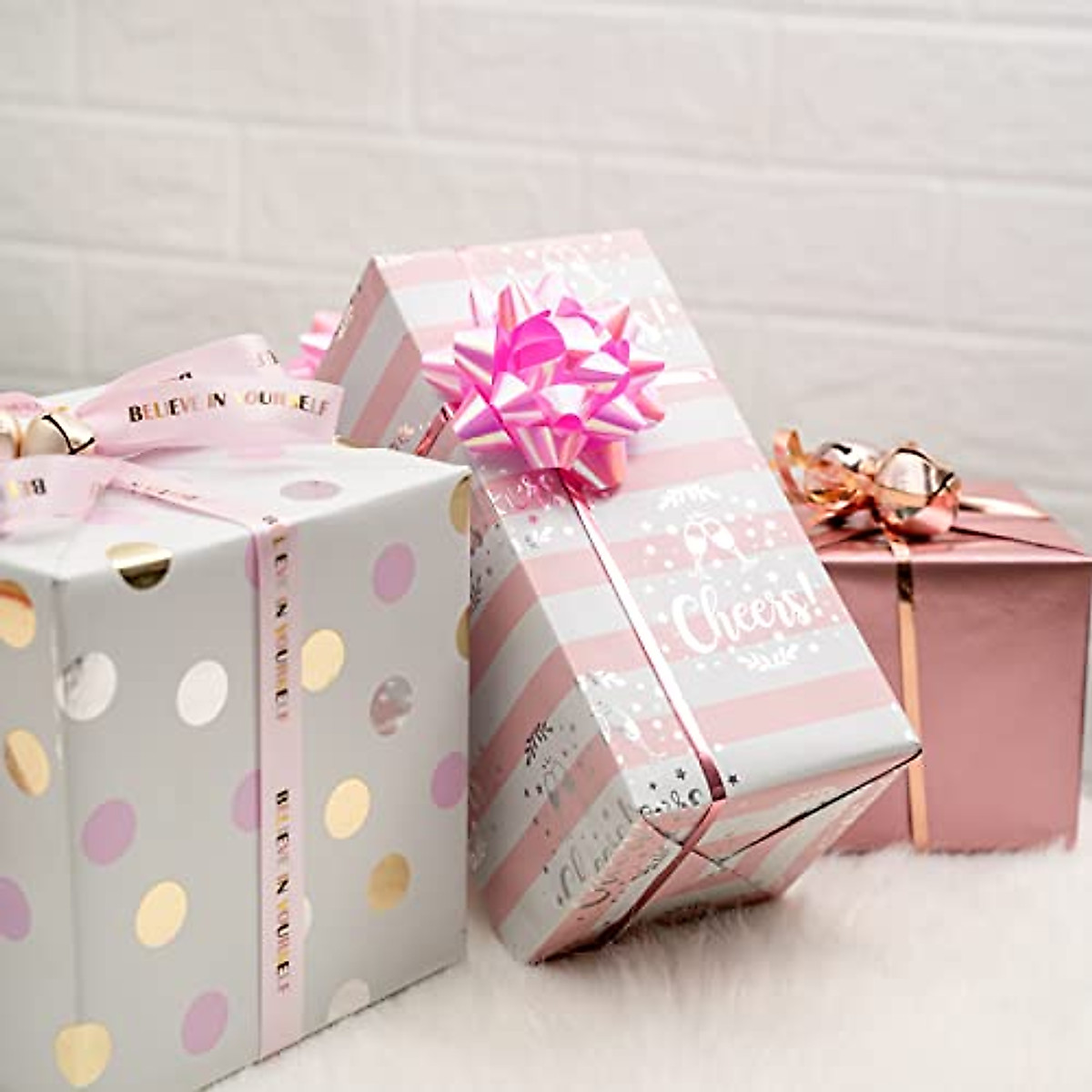 WRAPAHOLIC Wrapping Paper Roll - Rose Gold and Pink Set for Birthday Holiday Wedding Baby Shower - 3 Rolls - 30 inch X 120 inch Per Roll