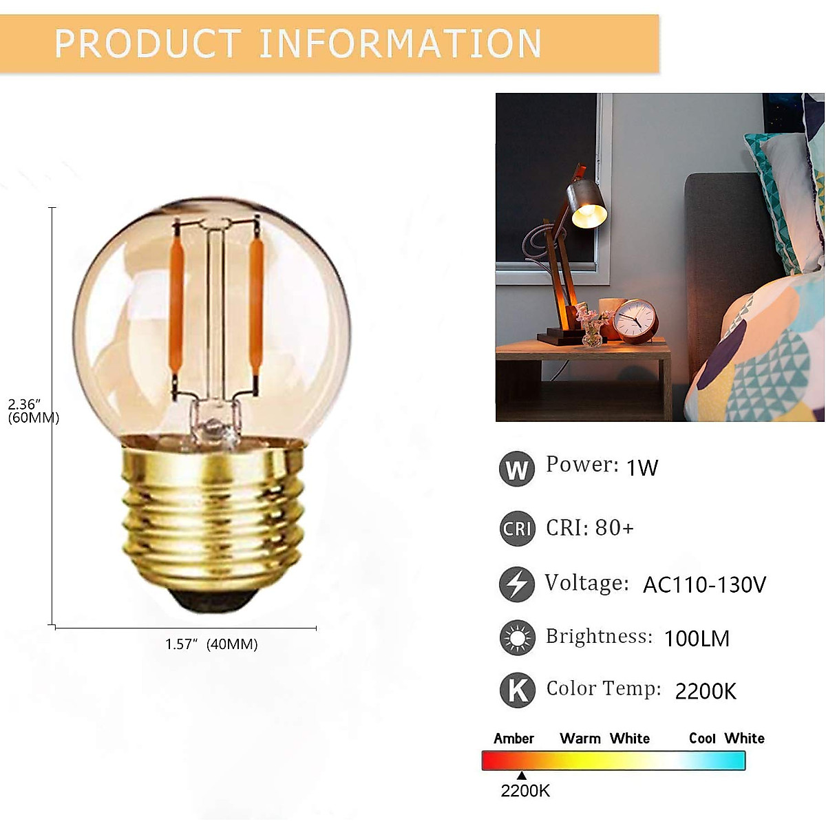 LDCHIUEN G40 G14.5 E26 LED Bulb Amber 1W Low Watt Edison Bulb 10 Watt Warm White 2200K Vintage LED Globe Night Light Bulb for Ceiling Fan, Chandelier, Vanity Light Bulb 6Pack