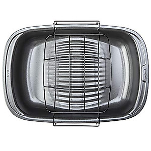 Goodcook Quick Roaster Pan and locking rack, with juice gathering pools for easier, safer, faster basting, 17x12x3 inches, Grey