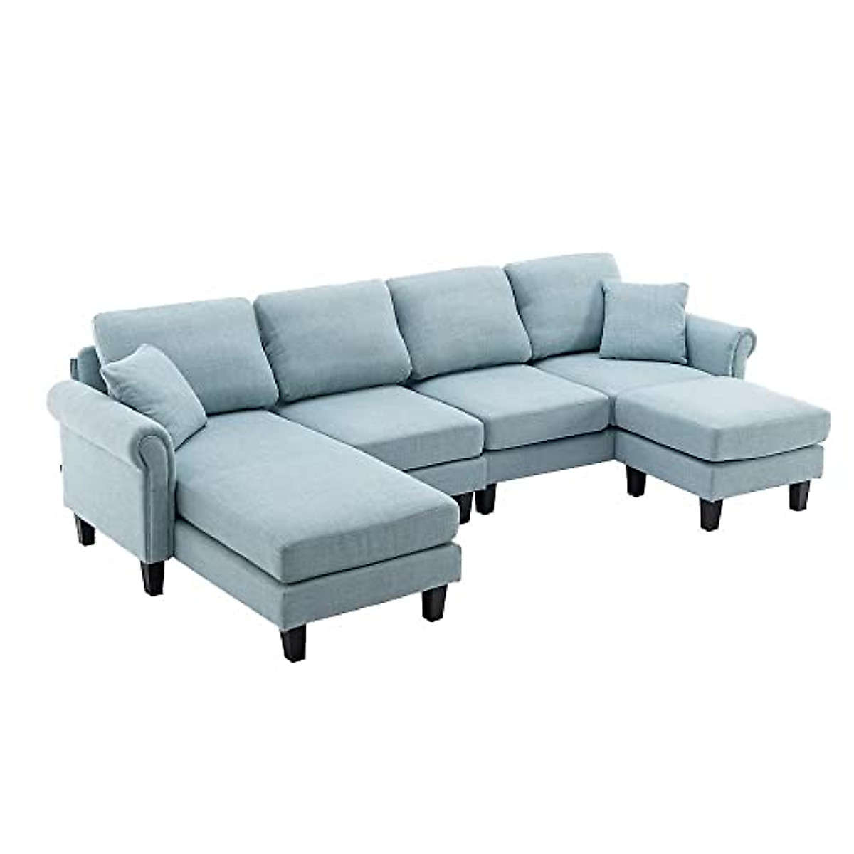 TRIPLE TREE Modern Large Linen Fabric U-Shape Accent Sofa, Modular Couch 4-Seat Sofa Sectional with Reversible Ottomans for Apartment Living Room Furniture Sets, Weight Capacity 800 LBS, Light Blue