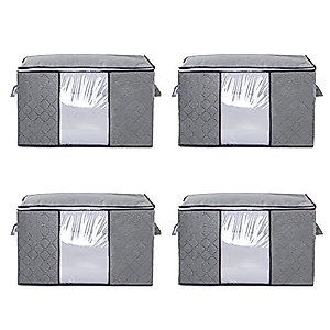 4Pcs Blanket Clothes Storage Bag Set with Reinforced Handle Double Zippers Clear Window Large Capacity Foldable Fabric for Duvet Comforter Organizer