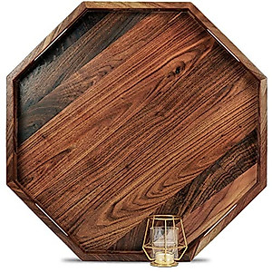 MAGIGO 22 Inches Extra Large Octagonal Black Walnut Wood Ottoman Tray with Handles, Serve Tea, Coffee Classic Wooden Decorative Serving Tray