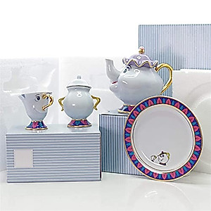 miaomimi Cartoon Beauty and The Beast Tea Set Teapot Cup Mrs Potts Sugar Pot Bowl Chip Mug Plate Saucer Kettle Milk Coffee Creative Gift (Color : 1 Pot 2 Cup 1 Sugar): Tea-for-One Sets