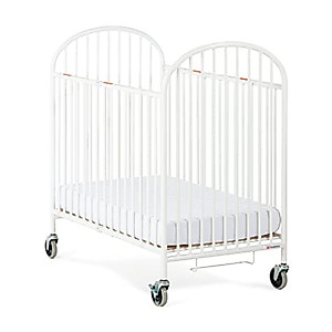 Foundations Pinnacle Folding Steel Crib, Portable Baby Crib with Commercial Grade 3" Casters, Heavy Duty Steel Hotel Crib, Includes 4 Inch Foam Mattress, White