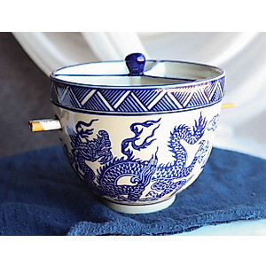 Ebros Japanese Dining Tempura Udon Noodles And Tentsuyu Dipping Sauce Large 6"D Bowl With Condiment Divider Lid And Bamboo Chopsticks And Built In Rest Set (Blue White Oriental Feng Shui Dragon King)