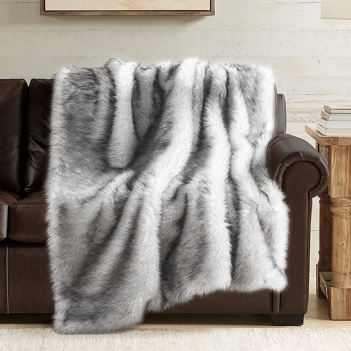 Hyde Lane Long Pile Faux Fur Throw Blanket, Luxury Fluffy with Black Tipped Throws for Home Couch Sofa Decor, Fuzzy Plush Blankets for Women, Direwolf (50x60)