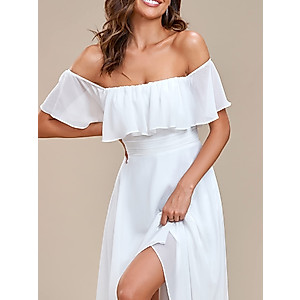 Ever-Pretty Women's Off Shoulder Ruffle Sleeve High Low A Line Chiffon White Bridesmaid Dress White US18