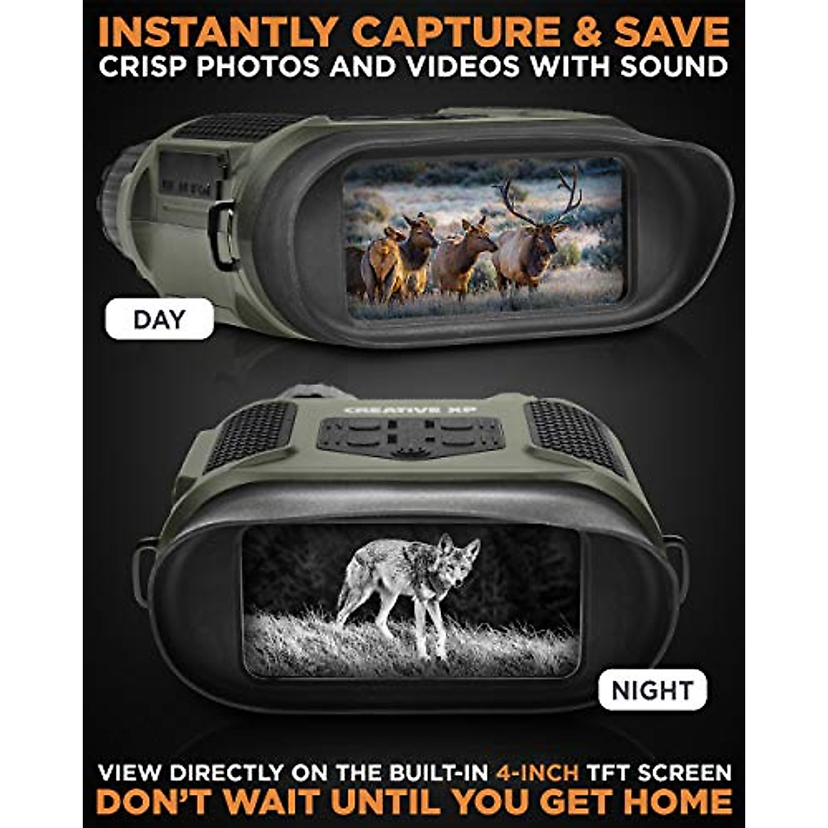 CREATIVE XP Night Vision Goggles - GlassCondor Pro - Digital Military Binoculars w/Infrared Lens, Tactical Gear for Hunting & Security, Green