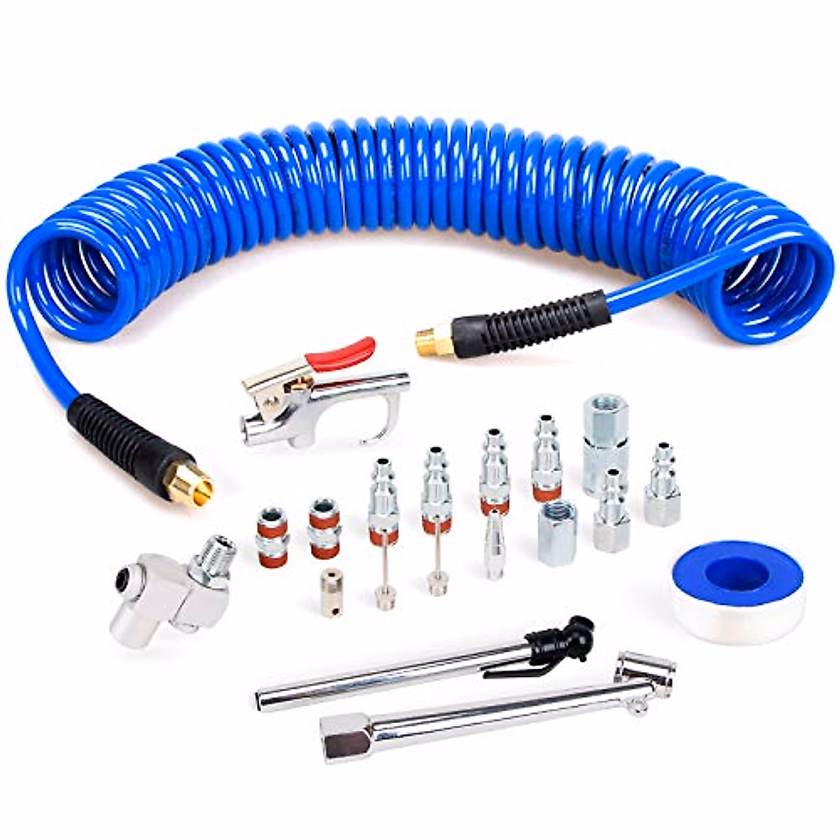 FYPower 1/4 inch x 25 ft Recoil Poly Air Hose Kit, 20 Pieces Air Compressor Accessories Set, 1/4" NPT Quick Connect Air Fittings, Blow Gun, Chuck, Safety and Tapered Nozzles, Couplings