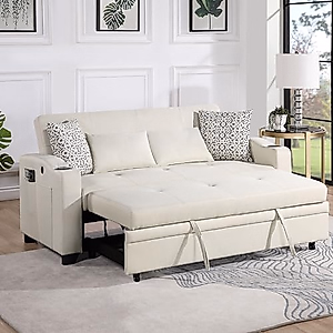 ERYE 3 in 1 Queen Size Upholstered Loveseat Sofabed Modern Functional Convertible Sleeper Sofa Bed with Pull Out Sleep Couch Daybed, Cupholders, USB Charging Ports,4 Pillows for Living Room