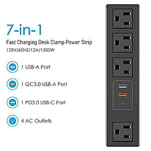 CCCEI Desk Clamp Power Strip with USB-A and USB-C Ports, Desktop Mount Surge Protector 1200J, Widely Spaced Desk Outlet Station, Fast Charging, 6 FT Flat Plug, Fit 1.9 inch Tabletop Edge. (Black)