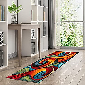 GUBIYU Abstract Rugs Modern Geometric Area Rug Bedroom Living Room Floor Carpet with Swirls in Red Turquoise Orange Contemporary Dining Accent Rugs Sevilla Collection for Hallway 23.6x59 in Runner