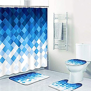 Geometric Blue Grid Triangle Abstract Bathroom Sets with Shower Curtain and Rugs and Accessories, Contemporary Blue Shower Curtain Sets, Blue Shower Curtains for Bathroom,Blue Bathroom Decor 4 Pcs