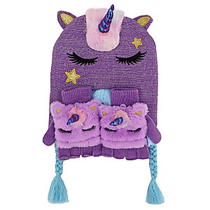 Newfancy Kids Girls Cute Glitter Unicorn Beanie Winter Hat and Glove Set Knitted Earflap Cap Flip Top Mitten Set Purple One Size