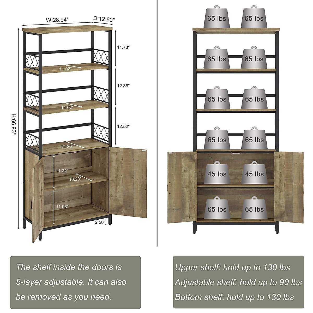 Aubtik Farmhouse Bookcase with Doors, Rustic Tall Book Shelf with Cabinet, Industrial Wood Metal Bookshelf with Storage for Home Office, Living Room, Classroom (Rustic Oak)