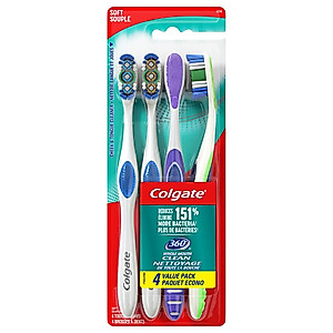 Colgate 360 Whole Mouth Toothbrush, Adult Soft Toothbrush With Tapered Bristles, Features Tongue Cleaner and Ergonomic Handle, Helps Whiten Teeth and Removes Bacteria, 4 Pack