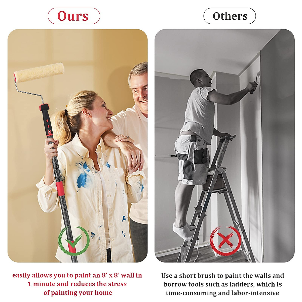 Paint Roller Extension Pole,72inch Brush kit Multi-Function Paint Roller kit Cleaner with House Paint Rollers Brush Stainless Steel Pole,Mural Brush for Walls and Ceiling Paint Roller no drip Grey