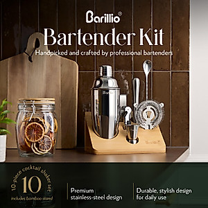 Barillio Bartender Kit - Stainless-Steel Cocktail Shaker Set with Bamboo Stand - Mixology Bar Tools w/Shaker, Drink Mixer Spoon & Muddler for Cocktails - Home Bar Accessories - 10-Pc Bar Set - Silver