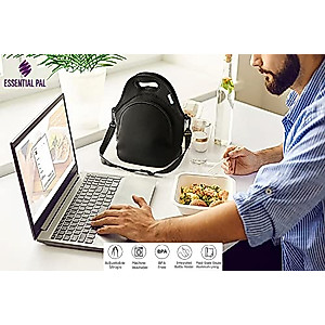 Essential Pal Black Insulated Lunch Bag Tote – Thick, Durable Neoprene Lunch Bags with Double-Layer Insulation & Insulated Bottle Holder – Machine-Washable, Freezable Lunch Bag with Removable Strap