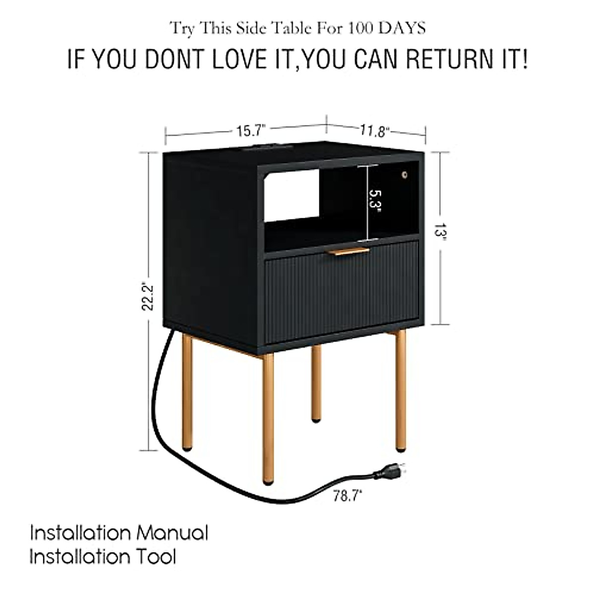 Masupu Nightstand with Charging Station,Mid-Century Modern Bedside Table with Storage Drawer and Open Wood Shelf,Small Gold Frame Side Table for Bedroom,Living Room (Black)