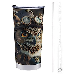 WNICELIN Steampunk Owl Retro Tumbler Insulated Travel Mug Stainless Steel Travel Tumbler Car Cup with Straw And Brush with Lid 20oz