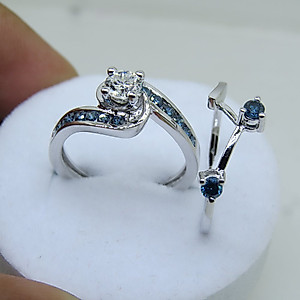 Dazzlingrock Collection 0.95 Carat (ctw) 14K Round Blue And White Diamond Engagement Ring Set 1 CT, White Gold, Size 7.5