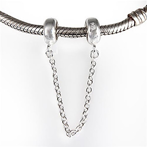 Safety Chain with Rubber Stopper Beads 925 Sterling Silver Safety Chain Charms Fits European Bracelet (Silver)
