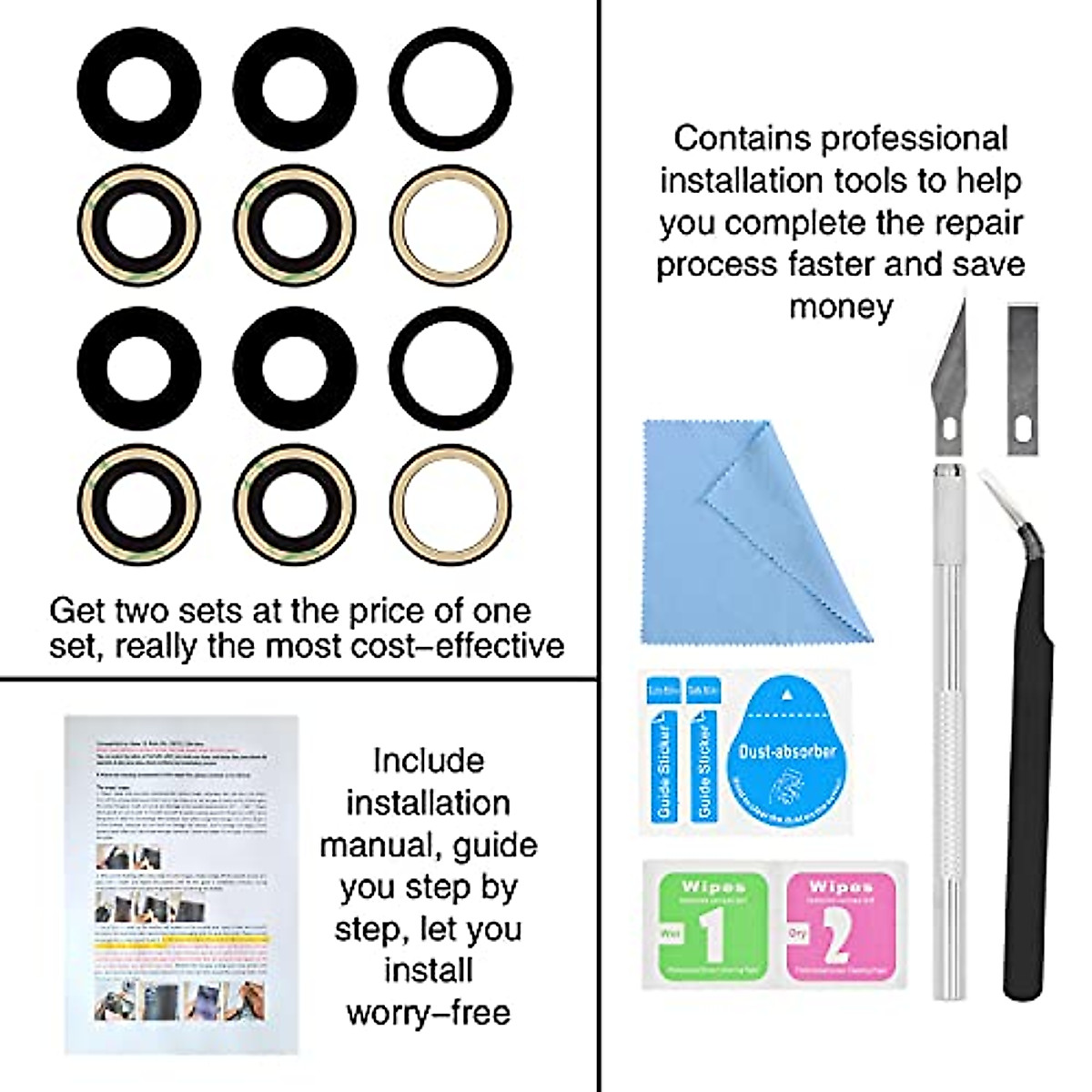 2PCS ASDAWN Back Rear Camera Lens Glass Replacement for iPhone 12 Pro 6.1 Inches with Pre-Installed Adhesive,Back Lens Glass with Installation Manual + Repair Tool Set