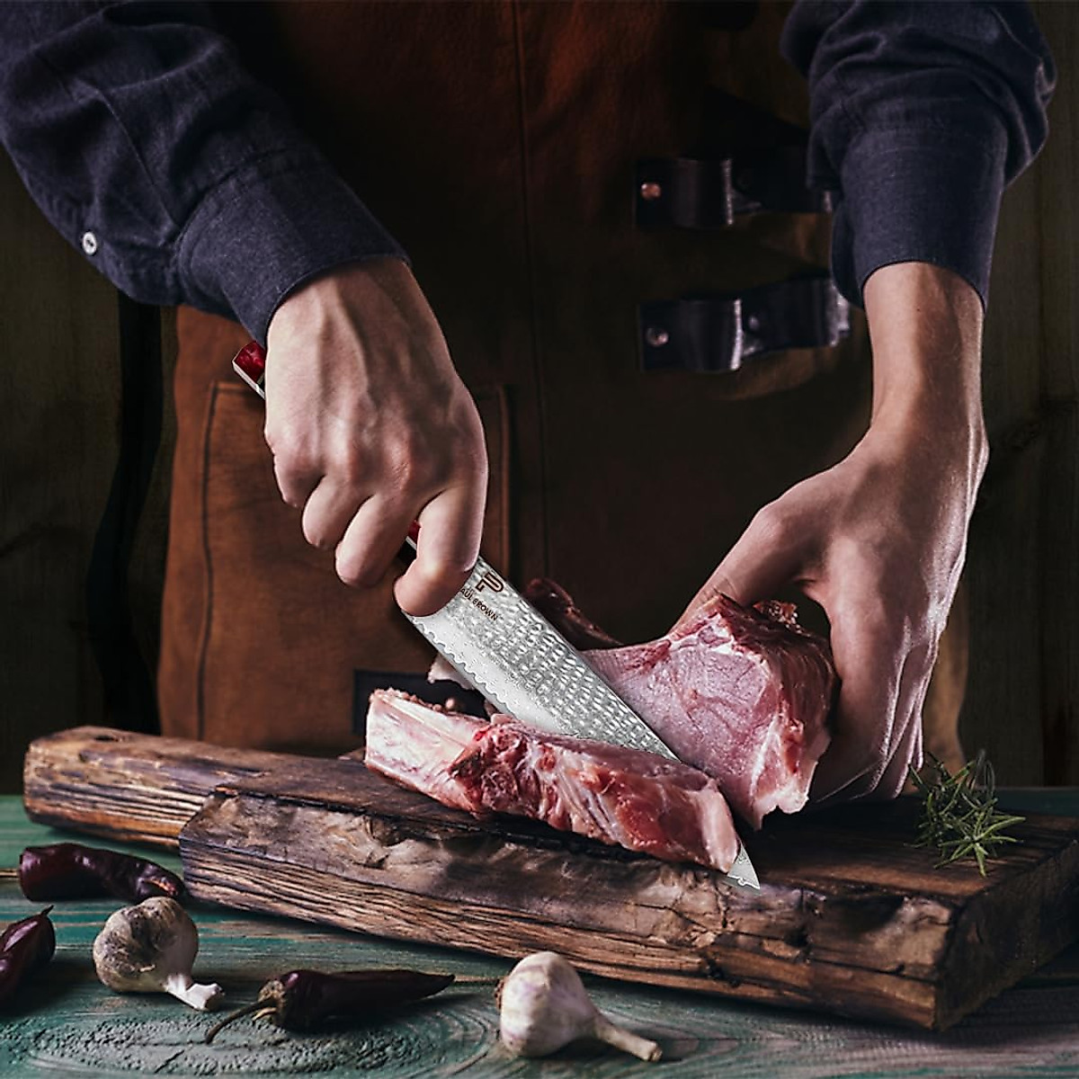 Paul Brown's™ 8 Inch Chef Knife 9Cr18COMOV 67 Layers Damascus Steel Resin Handle Chef Knife with Pine wood Gift box and Leather Sheath