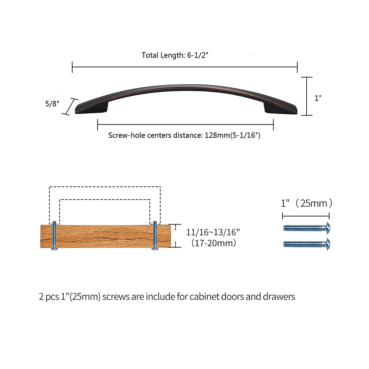 HandleMax 6" Oil Rubbed Bronze Pull Cabinet Handle Dresser Drawer Knob Kitchen Hardware, 128mm (5") Hole Centers, 04ORB128, 25 Pack