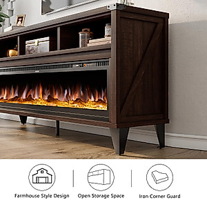 LUXOAK 65“ Fireplace TV Stand, Farmhouse Entertainment Center with 60" Tempered Glass Electric Fireplace, Industrial Media Console with Open Storage Space for TVs up to 75", Espresso