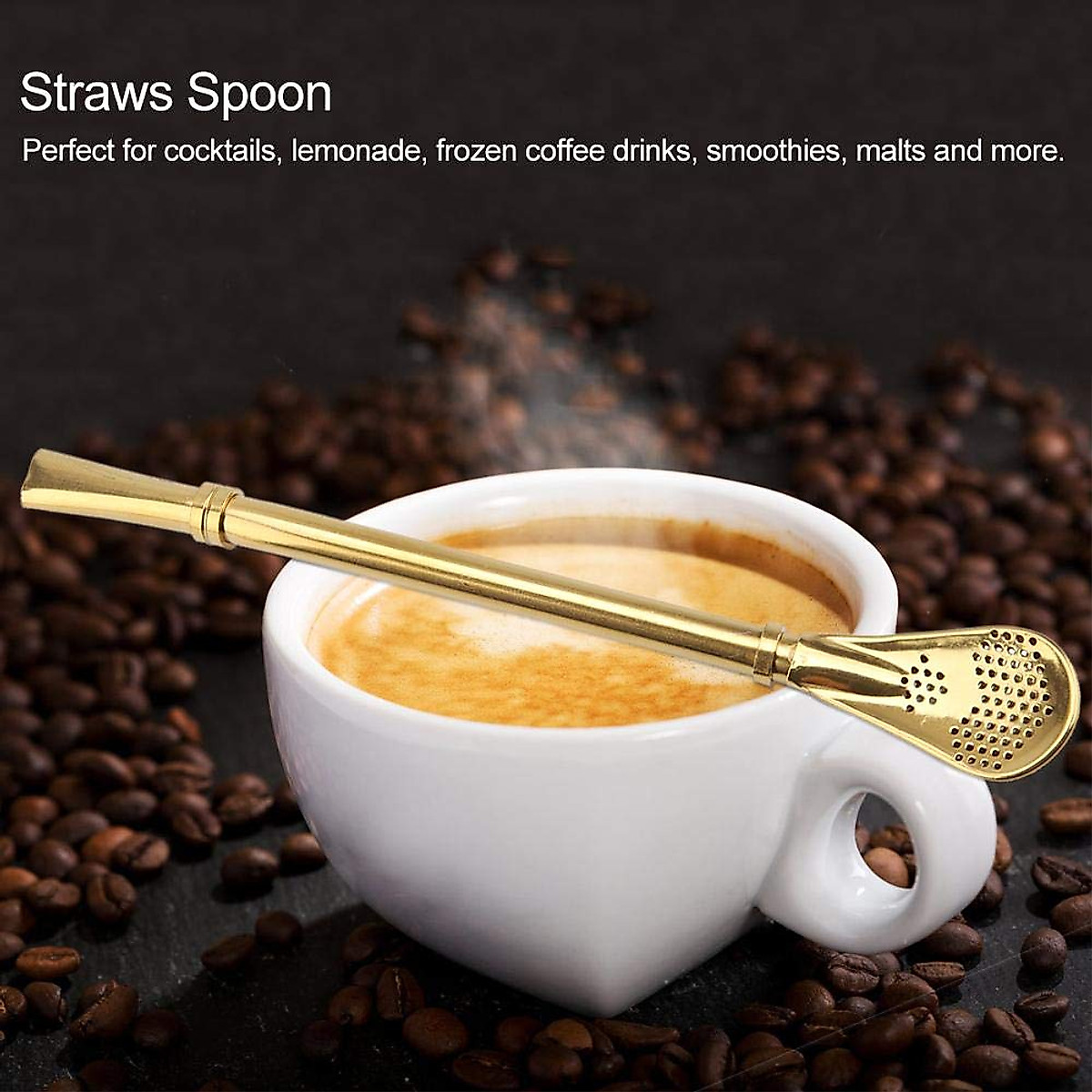 Multi function Drinking Straw, 4 in 1 Design Beverage Straw Tea Filter stirring rod and Fruit Spoon Made of 304 Stainless Steel Food Safety and Easy Maintain for Home Office Cafes Bar (Gold)