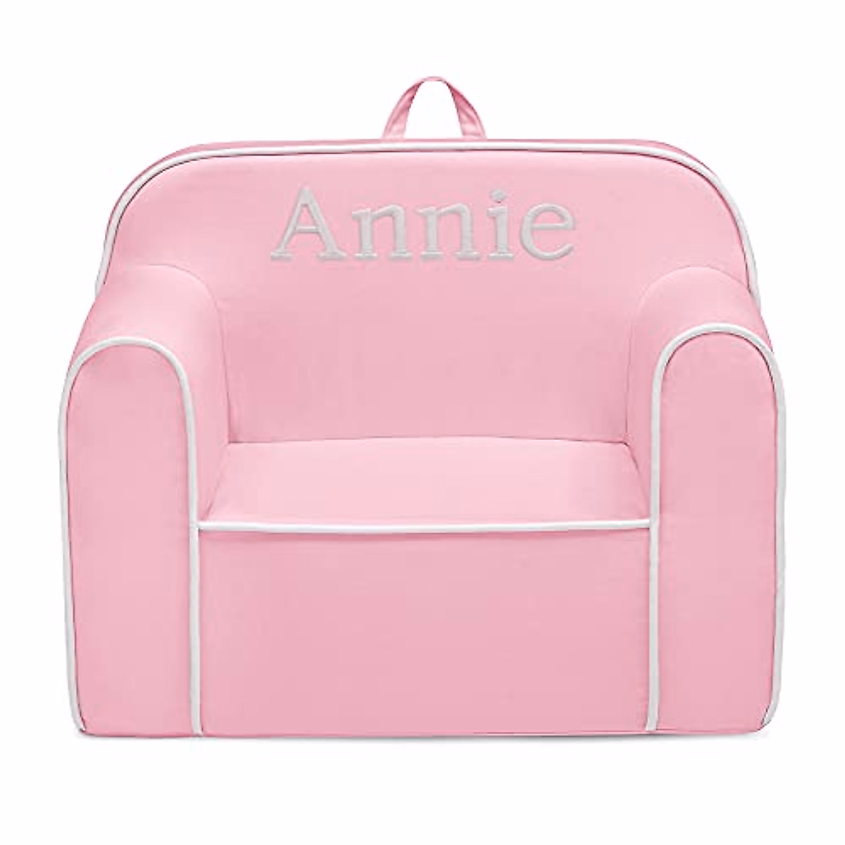 Delta Children Cozee Chair for Kids - 1 Seater Foam Toddler Couch can be Personalized with Name, Has Removable Cover for Easy Machine Washing (25x18x20.5 Inches, Pink and White)