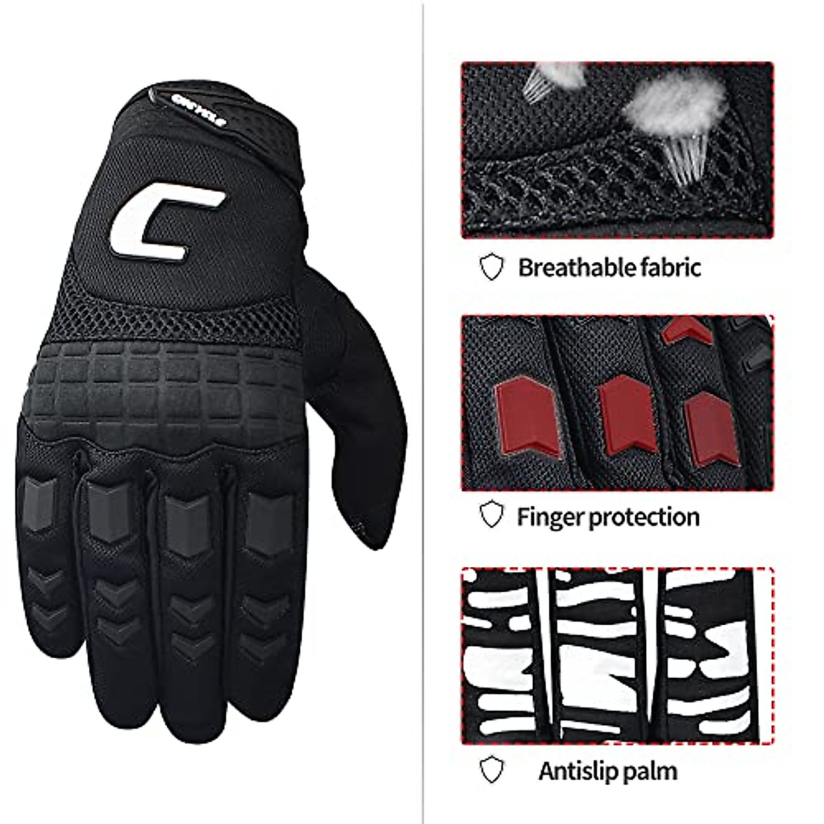 CHCYCLE Dirt Bike Gloves Mountain Bike Motocross Motorcycle Gloves for Men Motorbike ATV Racing Touch Screen Full Finger Gloves for Cycling BMX MTB MX Climbing (Large, Black)