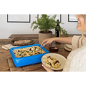 Fancy Panz Premium Dress Up & Protect Your Foil Pan, Made in USA. Hot/Cold Gel Pack, One Half Sized Foil Pan & Serving Spoon Included. Stackable for easy travel. (Denim Blue)