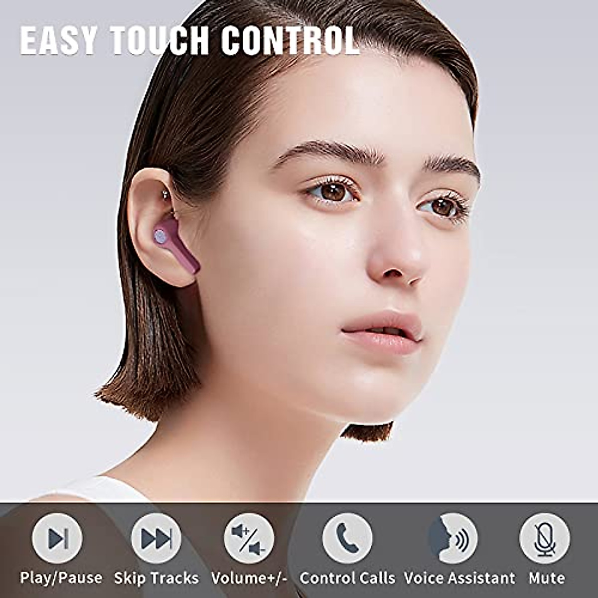 True Wireless Earbuds,with Mics Noise Reduction Touch Control Bluetooth Headphones（Claret Red）