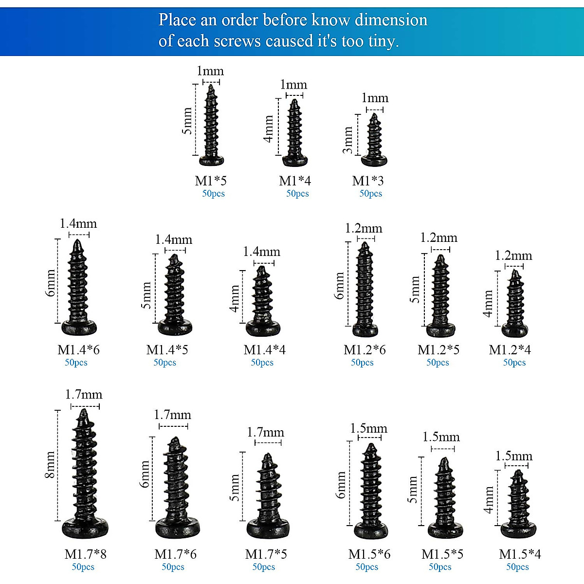 HanTof 750pcs Black Tiny Screws for Electronics, M1, M1.2, M1.4, M1.5, M1.7 Very Small Phillips Pan Head Self Tapping Screws, Micro Wood Screws, Mini Electronic Screws Assortment Kit-Carbon Steel