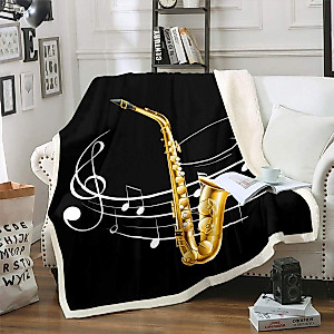 Erosebridal Saxophone Sherpa Blanket Rotating Musical Notes Fleece Blanket Musical Instrument Blanket Throw Retro Jazz Music Theme Fuzzy Blanket For Kids Boys Girls Sofa Decor Throw 50"x60" Gold Black