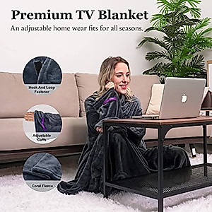 Winthome Wearable Blanket with Sleeves for Adults Women Men, Soft and Warm TV Wrap Throw Blanket with Elastic Cuffs, Hook and Loop Fastener(Grey,55.1"X66.9")