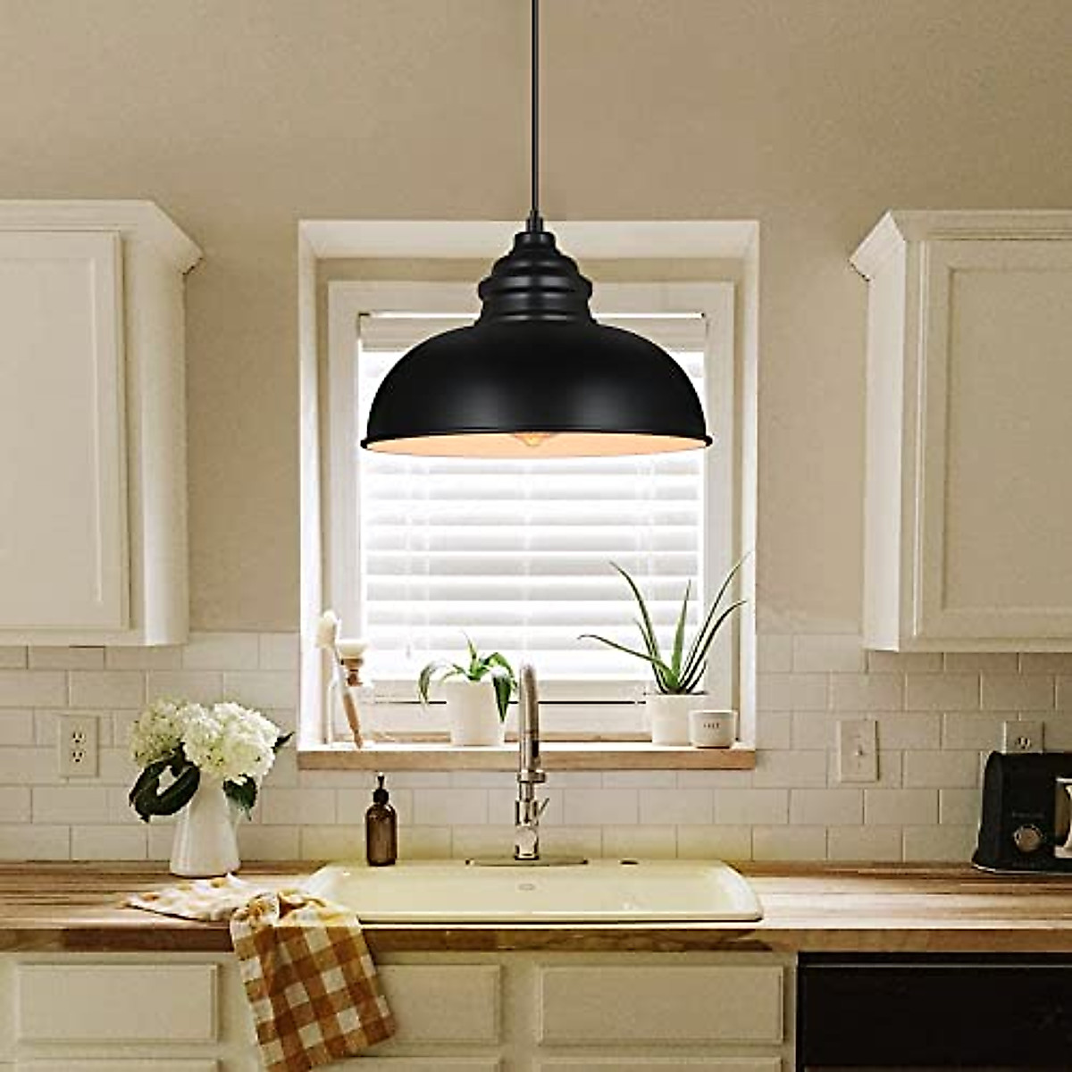 KARMIQI 12 inch Pendant Lights Black Pendant Light Fixtures Industrial Vintage Hanging Lamp, Adjustable Barn Pendant Lights Kitchen Island Stair Hallway Dining Room