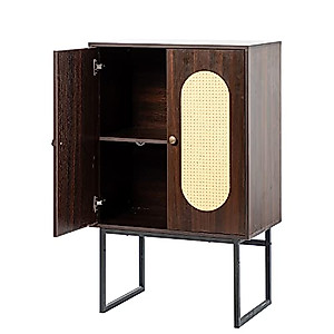 Voohek High 2 Rattan Doors, Interior Shelves and Black Metal Base, Sideboard w/Simulated Wood Patterns & Retro Knobs Elements On Surface, Walnut Storage Cabinet, Espresso