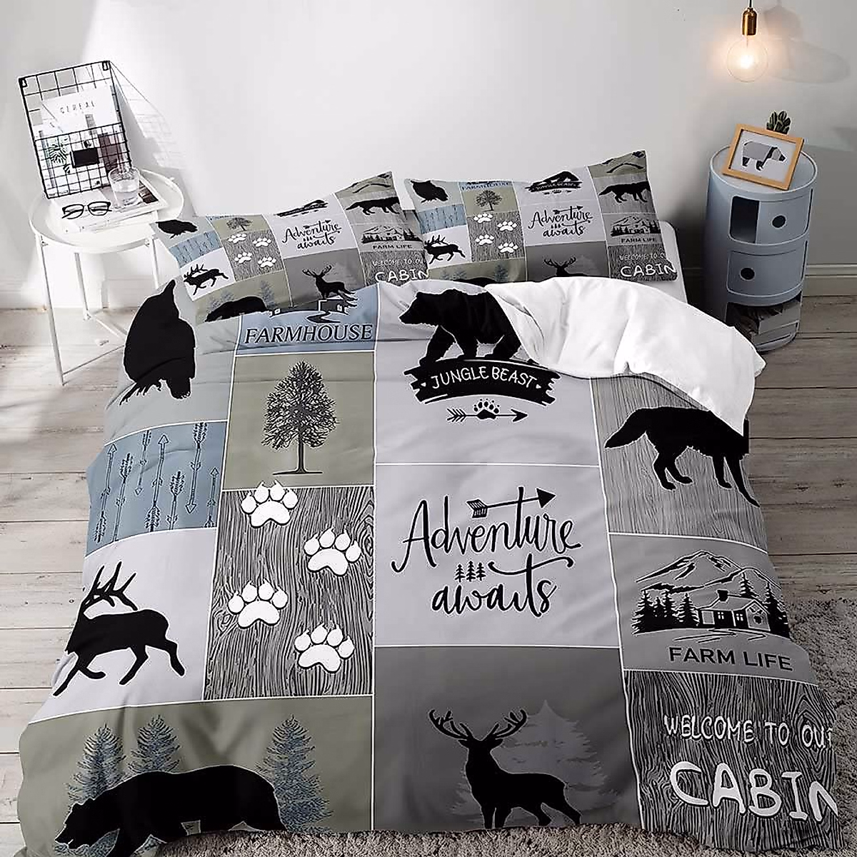 LUVIVIHOME 2PCS Cabin Rustic Bedding, Twin Duvet Cover, Black Bear Deer Elk Owl Forest Animal Wildlife Hunting Lodge Quilt Bedspread Patchwork Comforter Cover, Country Farmhouse Bedding, 1 Pillow Sham