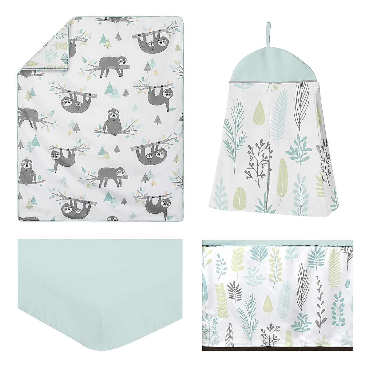Sweet Jojo Designs Blue and Grey Jungle Sloth Leaf Baby Unisex Boy or Girl Nursery Crib Bedding Set - 4 Pieces - Turquoise, Gray and Green Tropical Botanical Rainforest