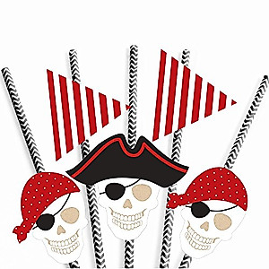 Beware of Pirates Paper Straw Decor - Pirate Birthday Party Striped Decorative Straws - Set of 24