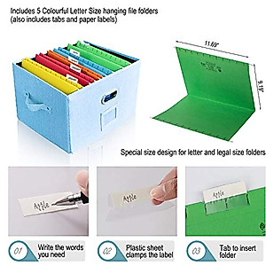 JSungo File Box with 5 Hanging Filing Folders, Document Organizer Storage for Office, Collapsible Linen Storage Box with Lids, Home Portable Storage with Handle, Letter Size Legal Folder, Blue