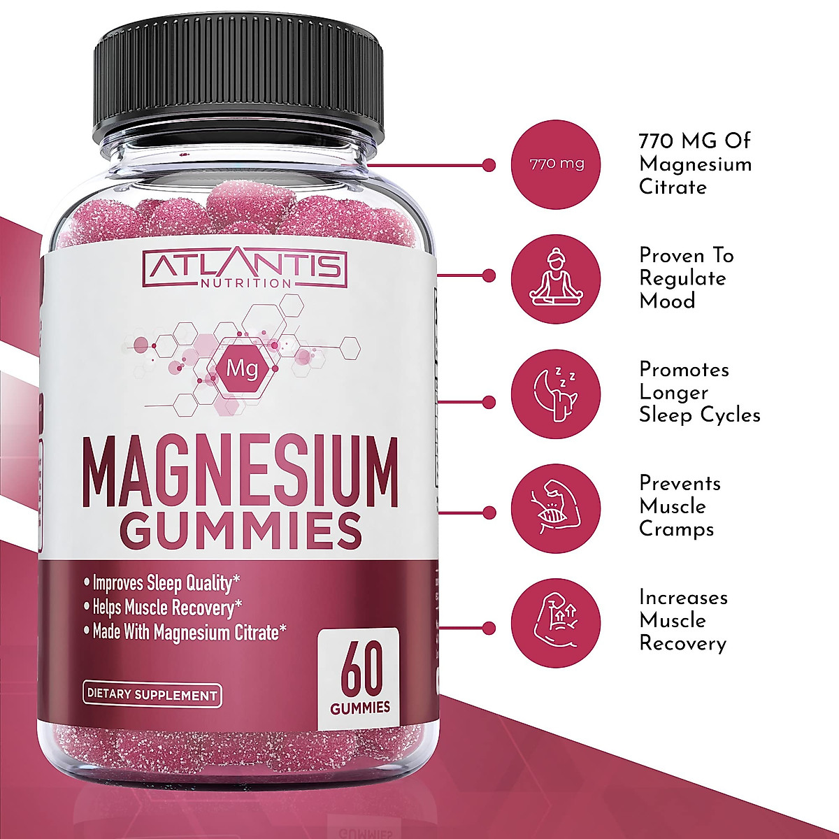 Atlantis Nutrition Magnesium Gummies | 770 MG Magnesium Citrate | Helps Muscle Recover & Relieves Cramps, Promotes Calmness, Improves Sleep Quality | Formulated for Adults & Kids | 60 Vegan Gummies