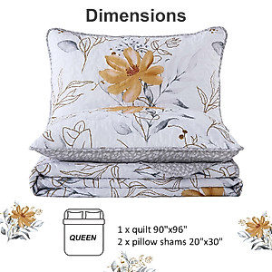 Yiran Floral Quilt Set Queen Grey Botanical Bedspread 3 Pieces Reversible Bedding Quilt Soft Microfiber Rustic Coverlet Sets with 2 Pillow Shams