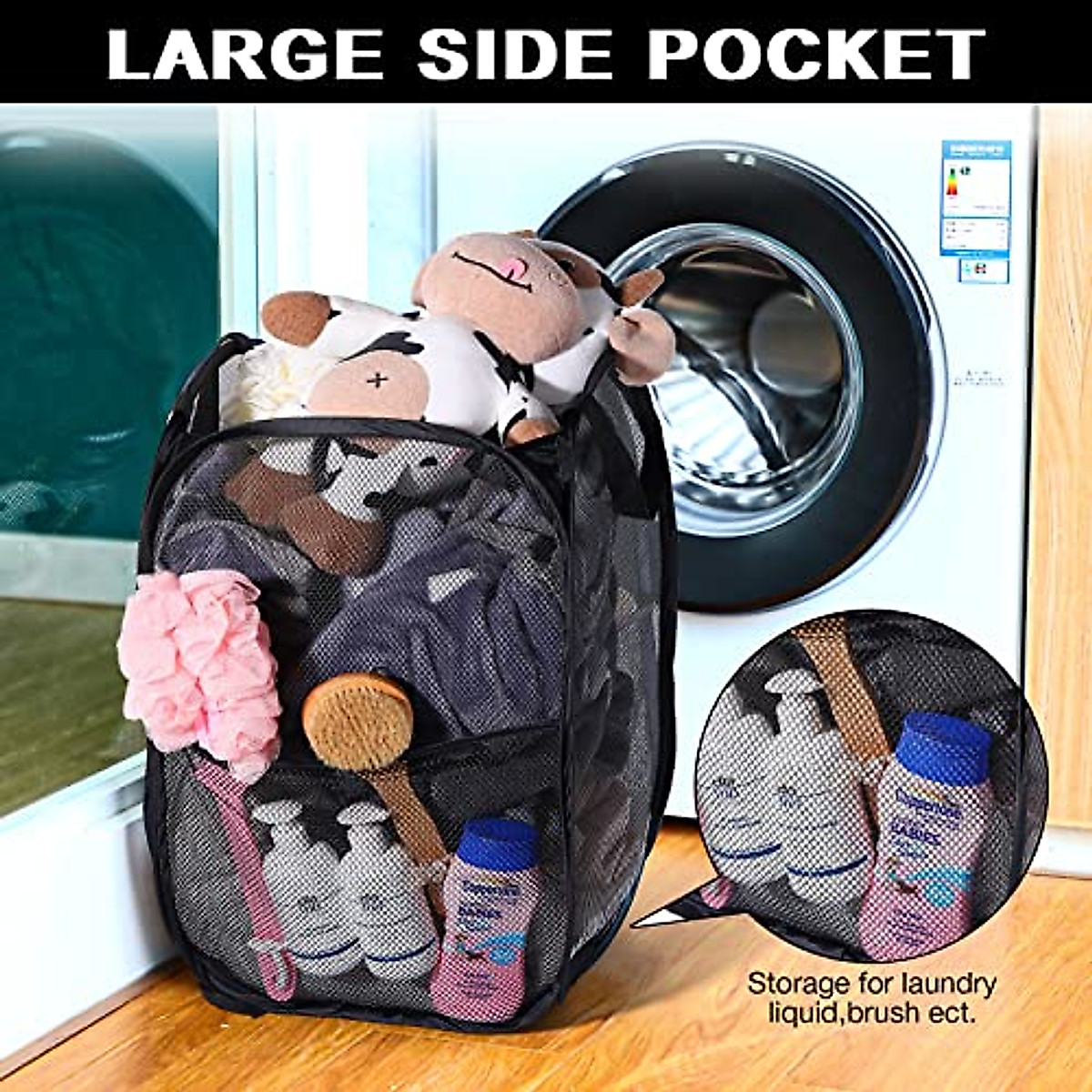 4 Pack Pop Up Laundry Hamper Mesh Clothes Baskets Collapsible Laundry Baskets with Side Pocket Folding Laundry Hamper Foldable Laundry Bag with Handles for Travel Kids Room College Dorm Storage